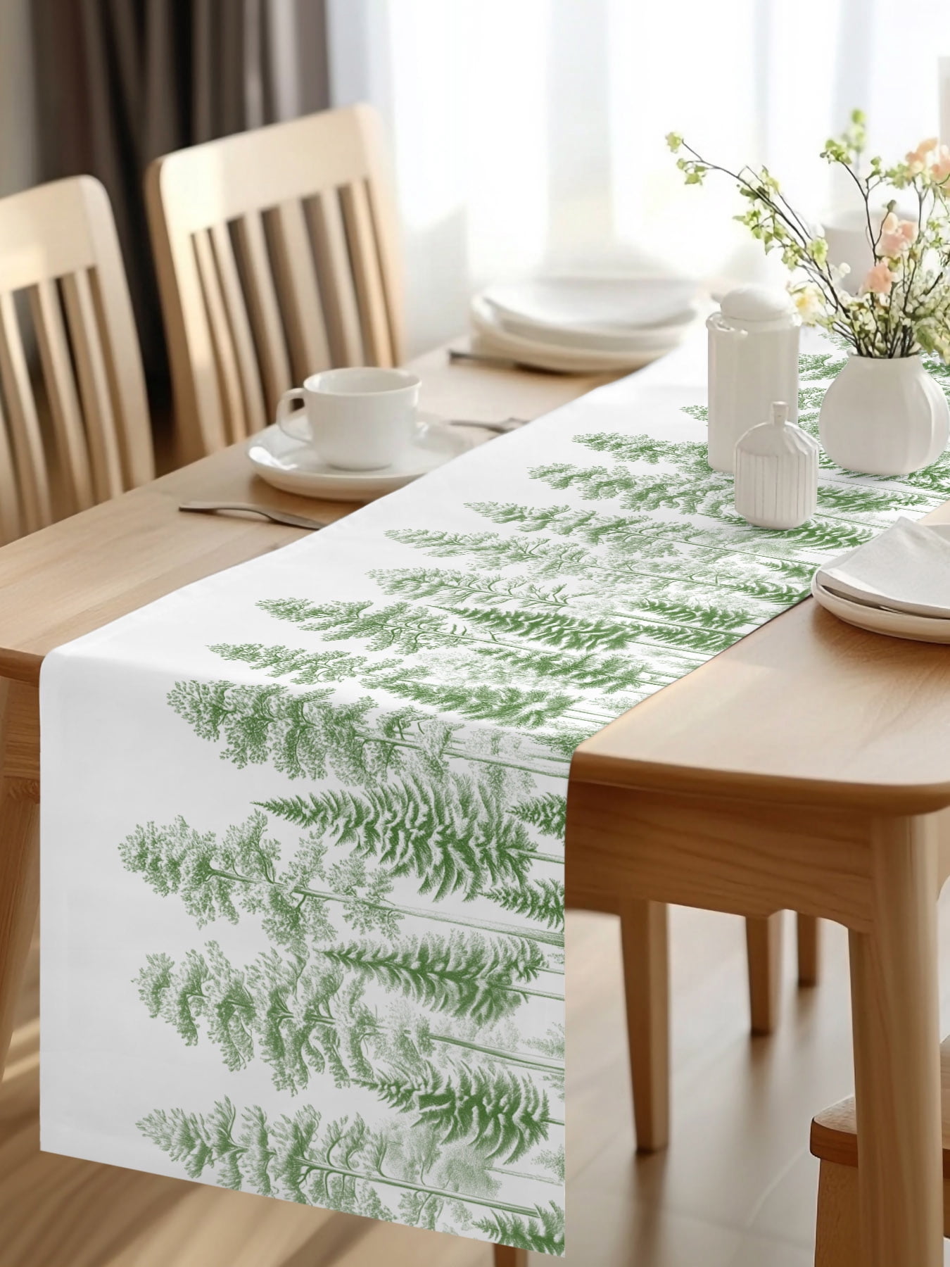 Burlap Table Runner 48 Inches Long, Green Pine Tree Sketch Forest Art ...