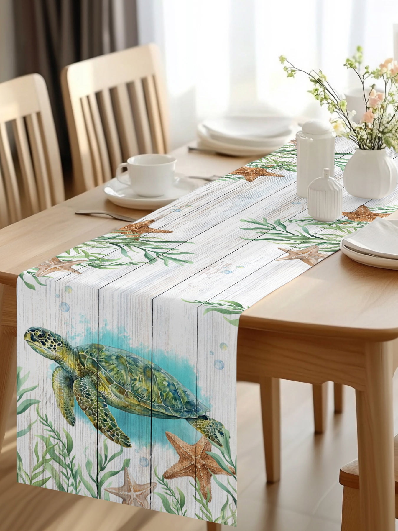 Burlap Table Runner 48 Inches Long, Green Sea Turtles Seaweed on Wood ...