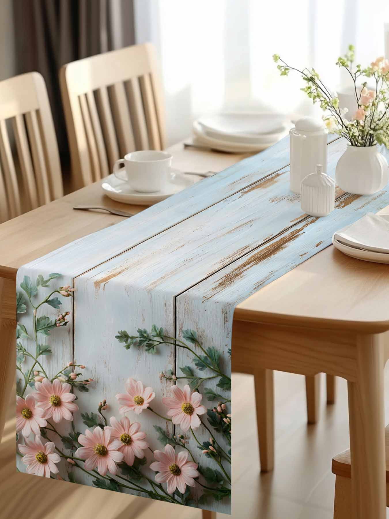 Burlap Table Runner 48 Inches Long, Idyllic Flowers on Teal Wooden Non ...
