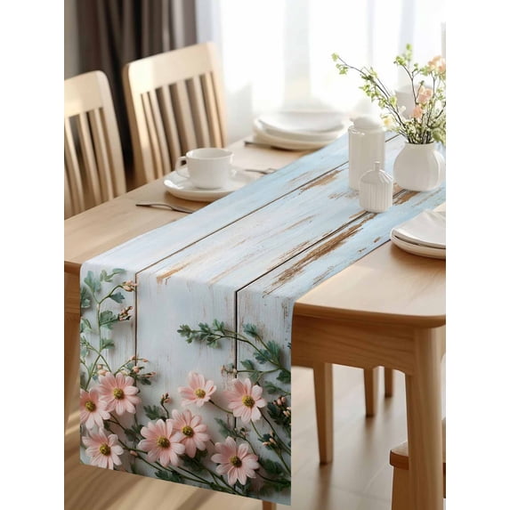 Burlap Table Runner 48 Inches Long, Idyllic Flowers on Teal Wooden Non ...
