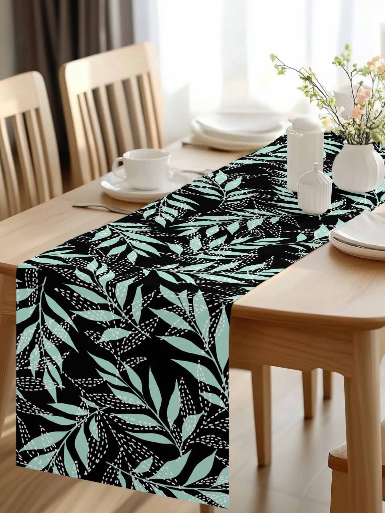 Burlap Table Runner 48 Inches Long, Leaf Silhouettes on Black Non-Slip ...