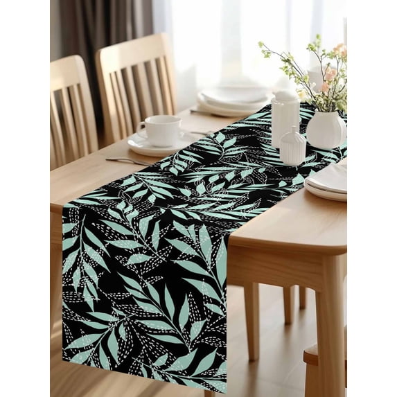 Burlap Table Runner 48 Inches Long, Leaf Silhouettes on Black Non-Slip ...