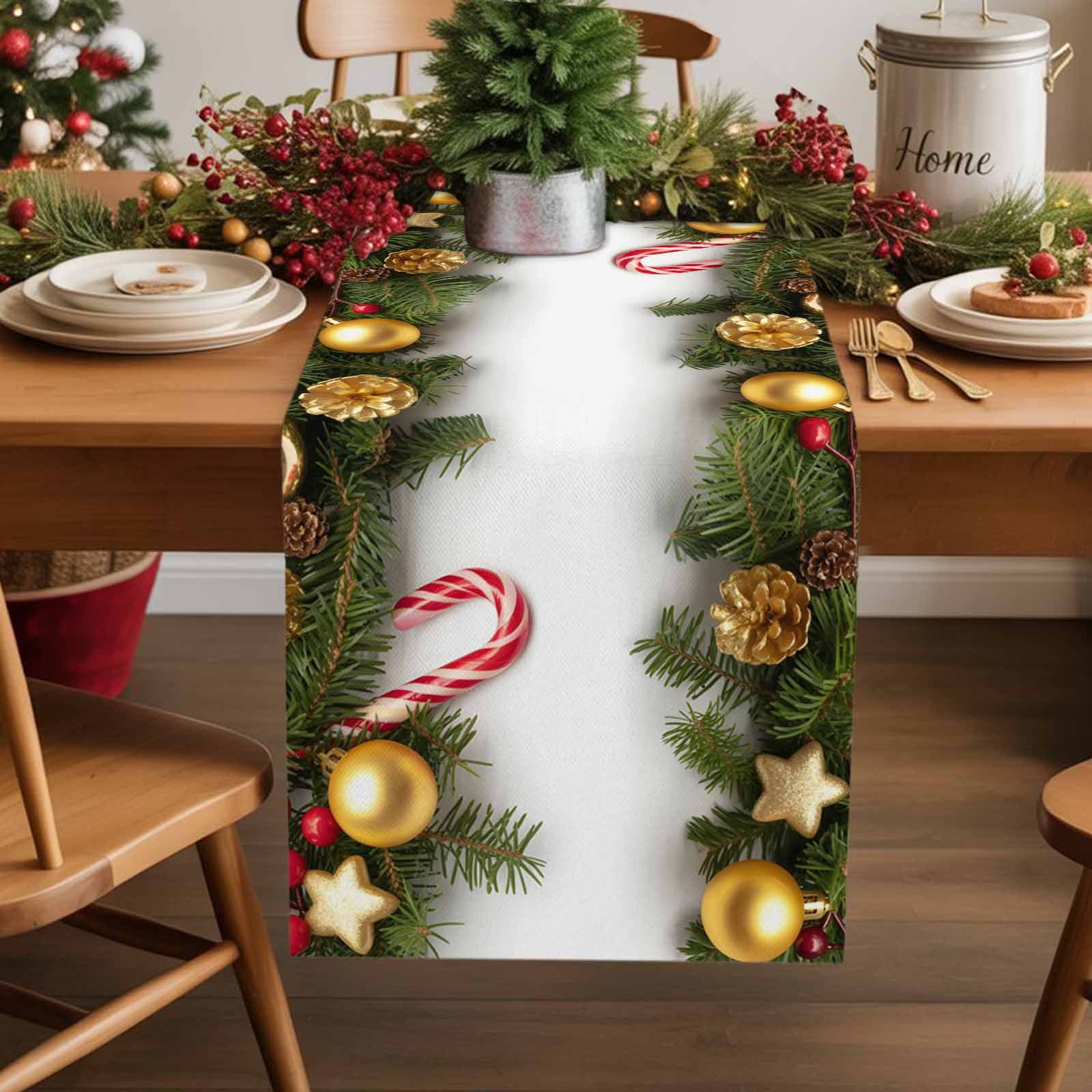 Burlap Table Runner 48 Inches Long,Merry Christmas Pine Branches Leaves ...