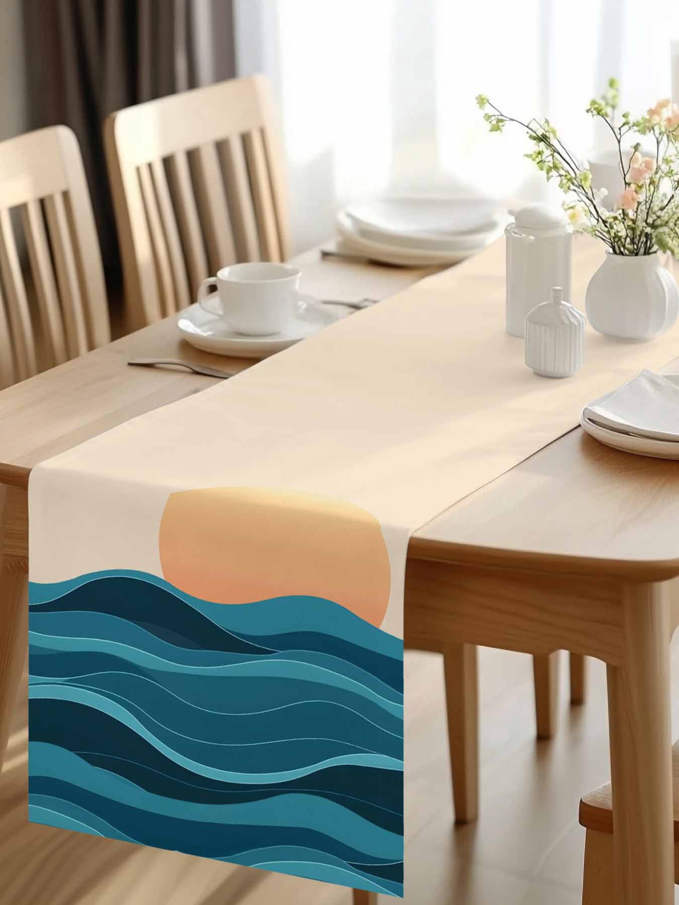 Burlap Table Runner 48 Inches Long, Modern Ocean Waves at Sunset Non ...
