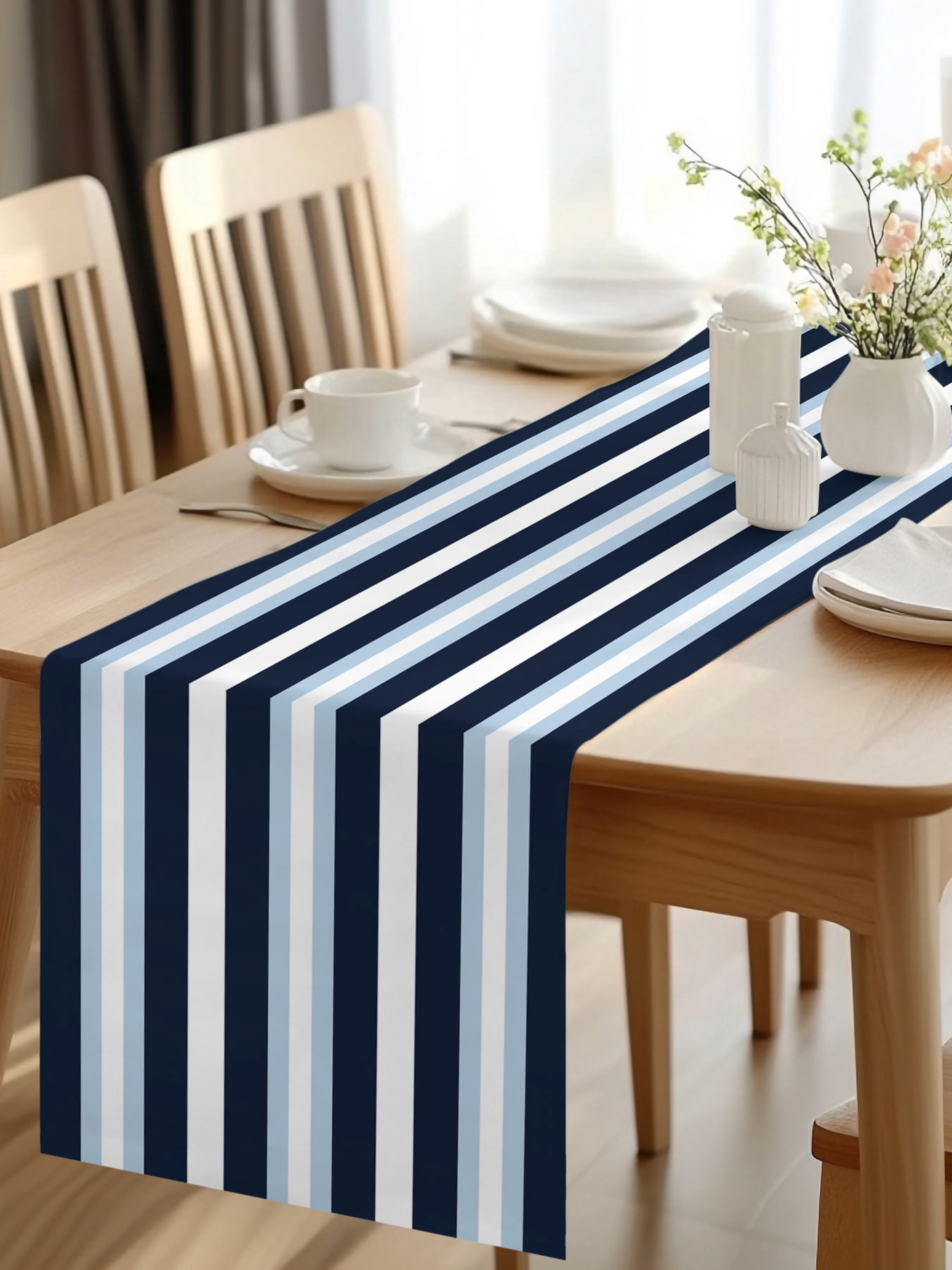 Burlap Table Runner 48 Inches Long, Navy Blue Light Blue Striped Art ...