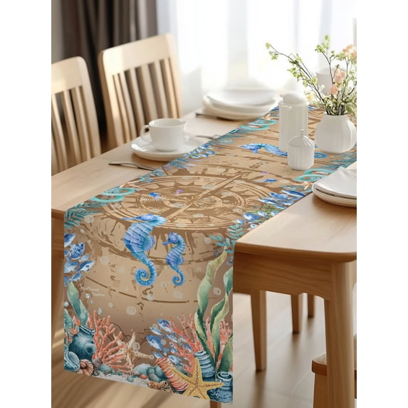 Burlap Table Runner 48 Inches Long, Ocean Seahorse Starfish Coral Non ...