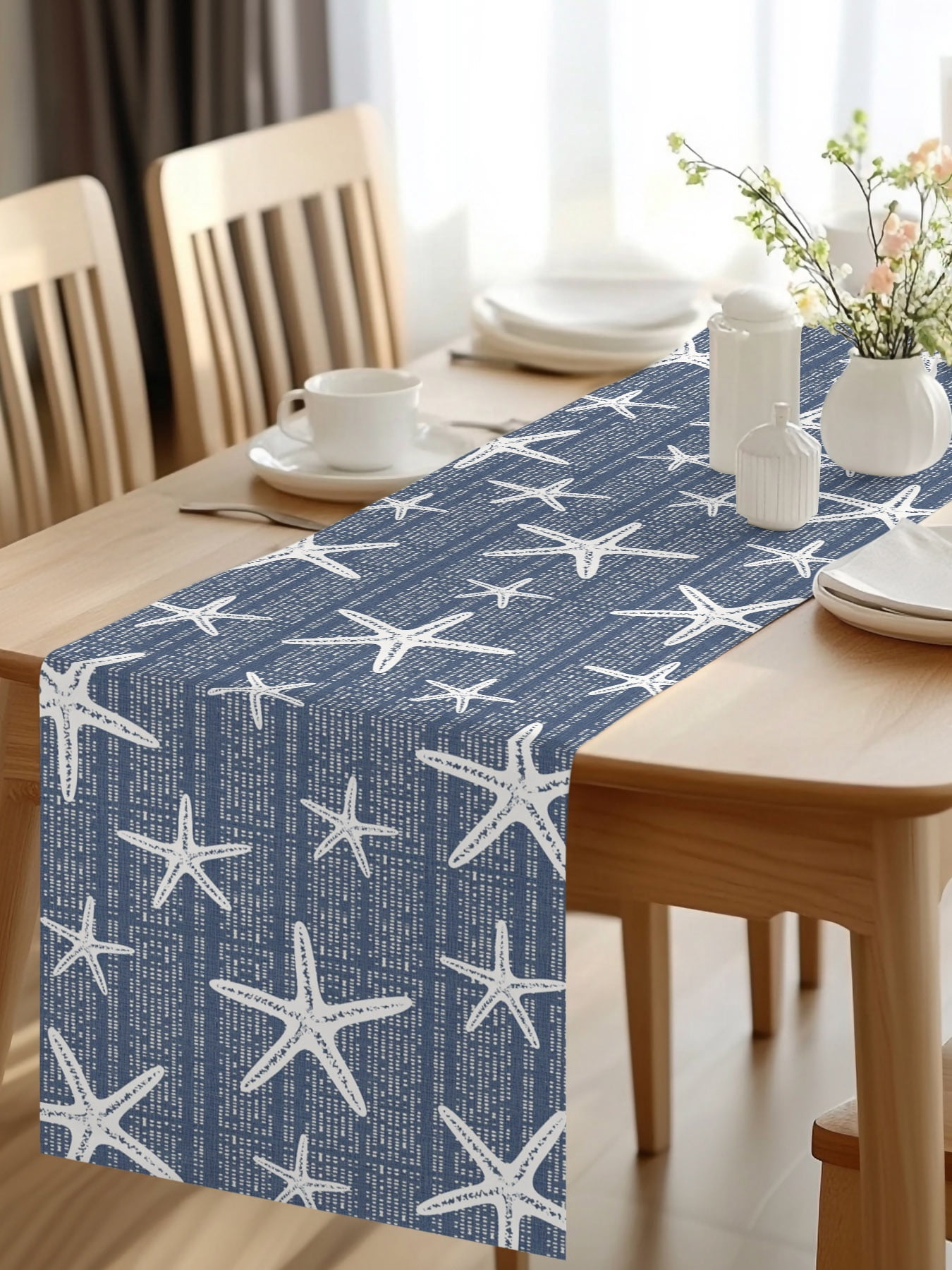 Burlap Table Runner 48 Inches Long, Ocean Starfish Navy Blue Stripes ...