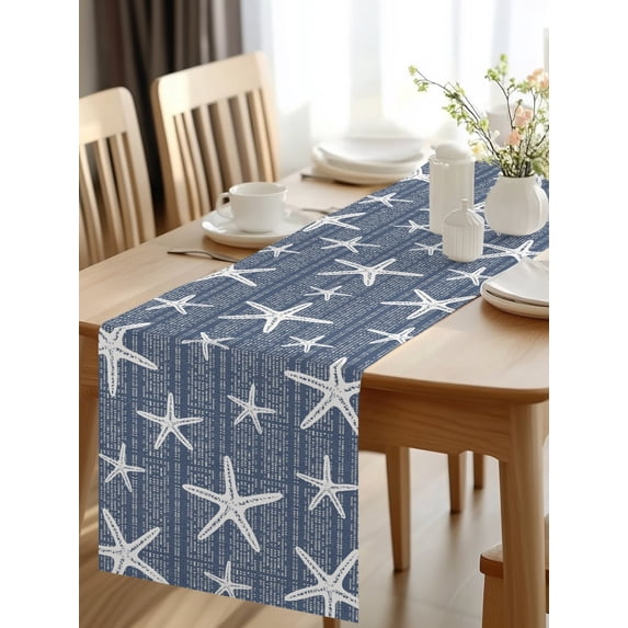 Burlap Table Runner 48 Inches Long, Ocean Starfish Navy Blue Stripes ...