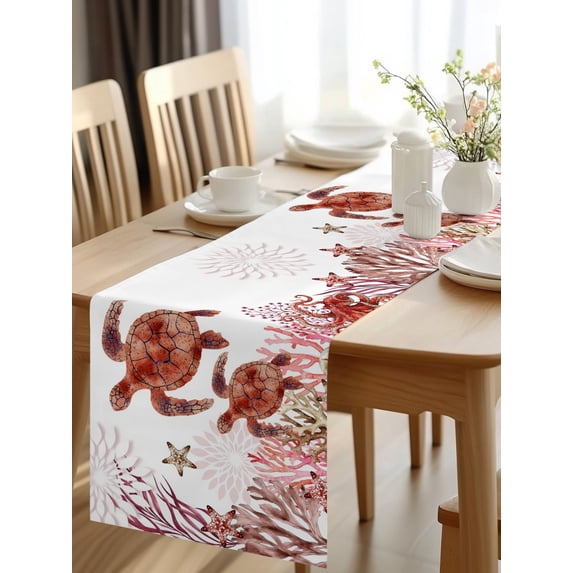 Burlap Table Runner 48 Inches Long, Ocean Turtle Coral Non-Slip Kitchen ...