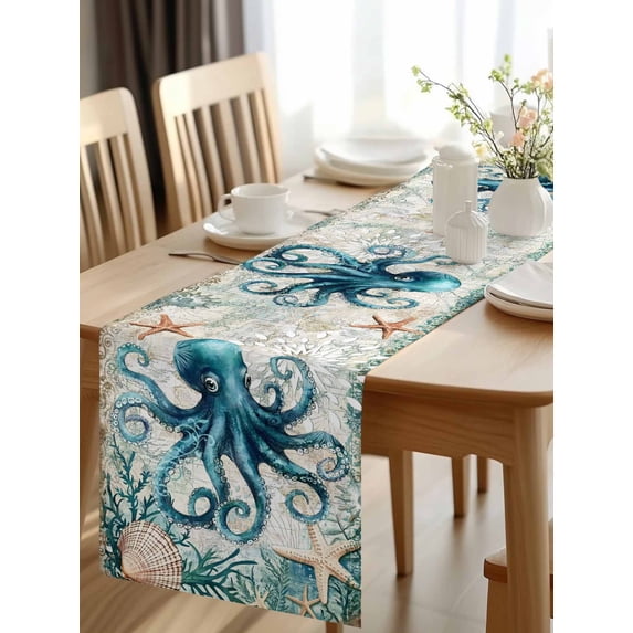 Burlap Table Runner 48 Inches Long, Octopus Starfish Shells Coral Non ...