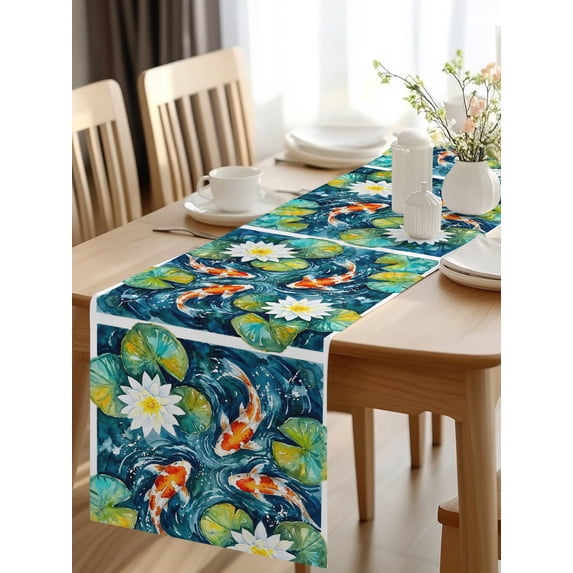 Burlap Table Runner 48 Inches Long, Orange Fish Scales Lotus Green ...