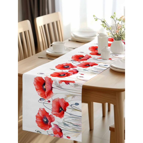 Burlap Table Runner 48 Inches Long, Pastoral Red Poppy Flower Non-Slip ...