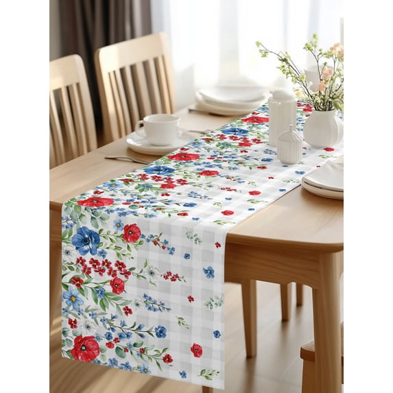 Burlap Table Runner 48 Inches Long, Pink Blue Flowers Non-Slip Kitchen ...