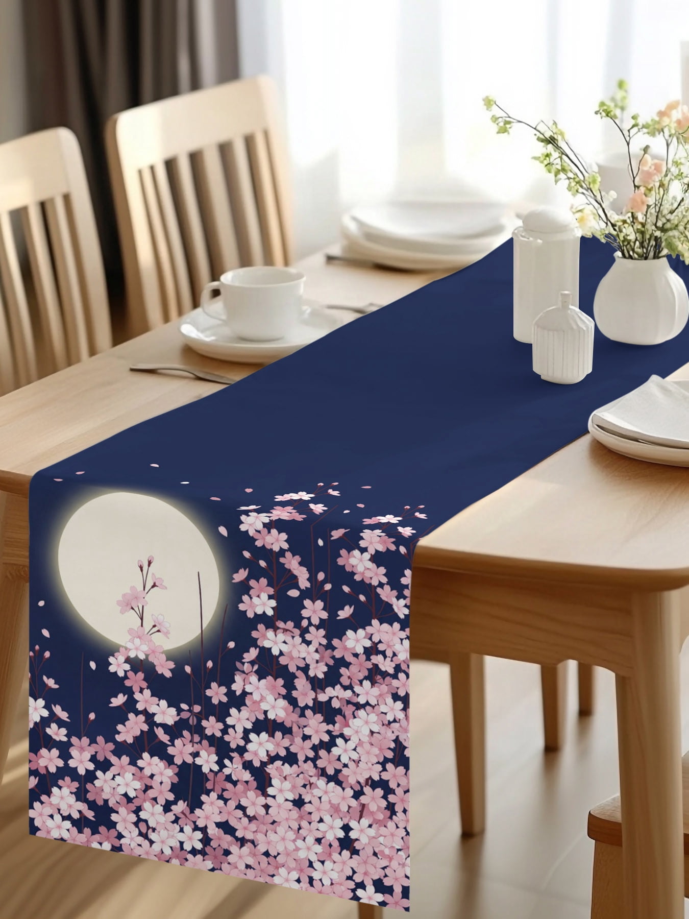 Burlap Table Runner 48 Inches Long, Pink Cherry Blossoms Full Moon Non ...