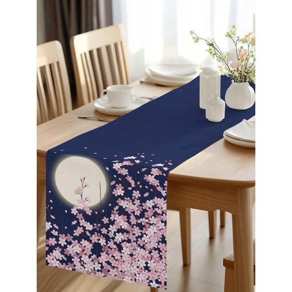 Burlap Table Runner 48 Inches Long, Pink Cherry Blossoms Full Moon Non ...