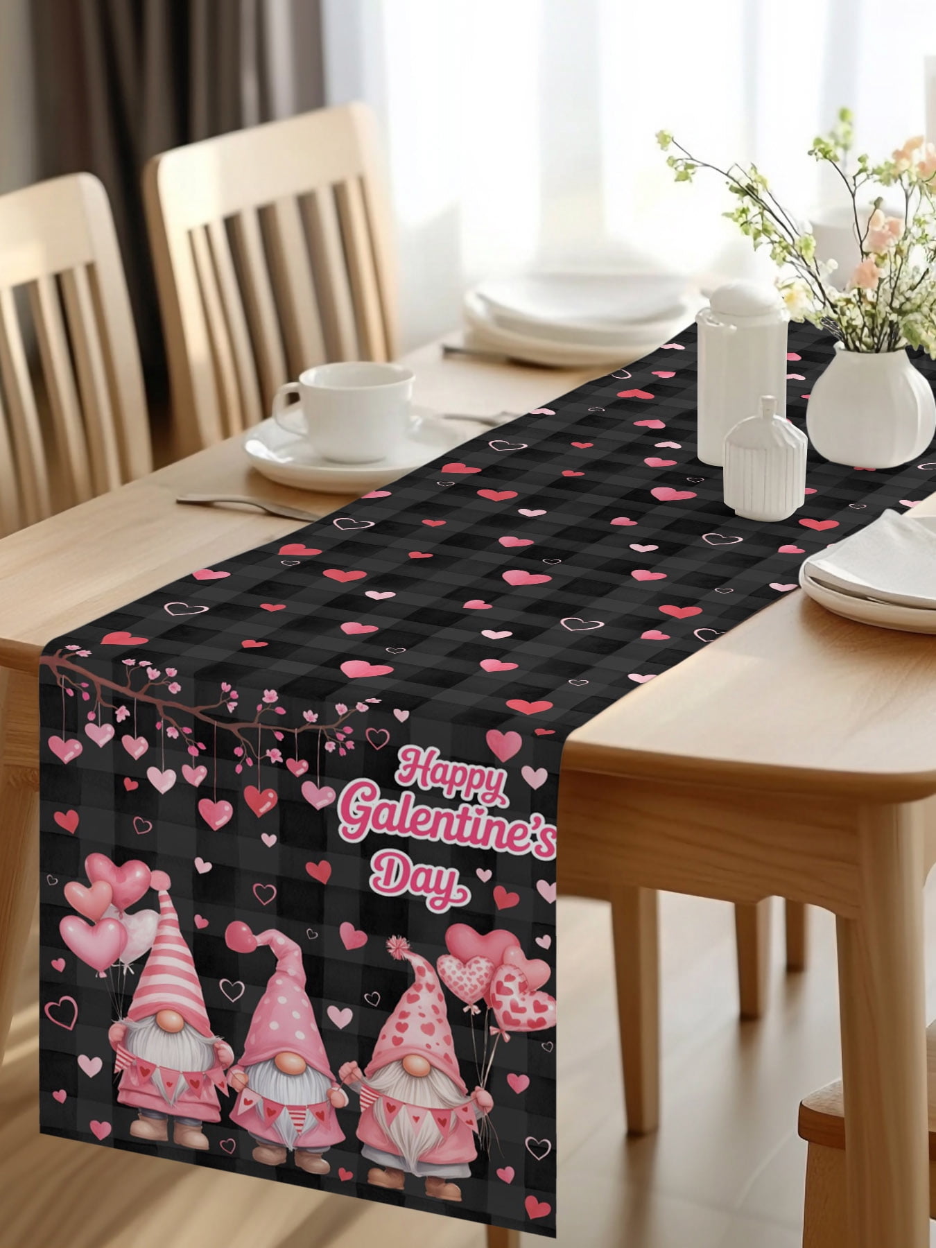 Burlap Table Runner 48 Inches Long, Pink Dwarf Balloons Love Hearts Non ...