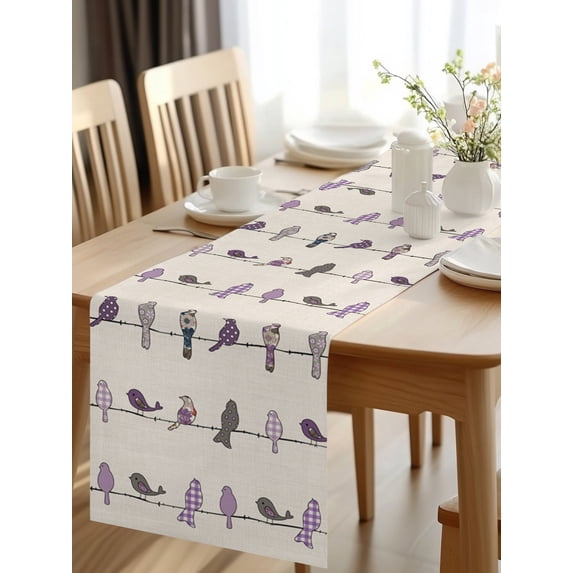 Burlap Table Runner 48 Inches Long, Purple Grey Bird Animal on Lines ...