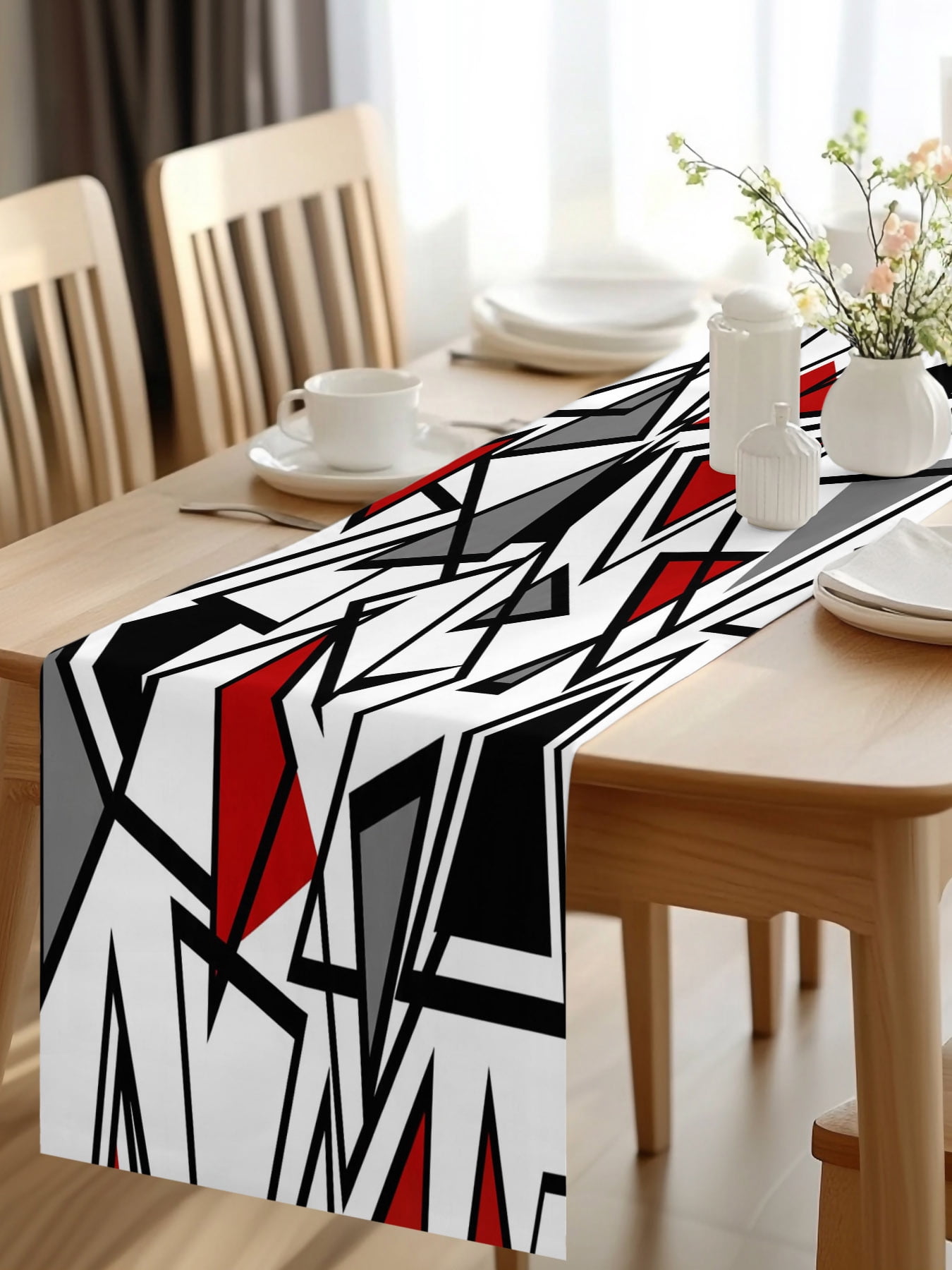 Burlap Table Runner 48 Inches Long, Red Black Geometric Triangle Non ...