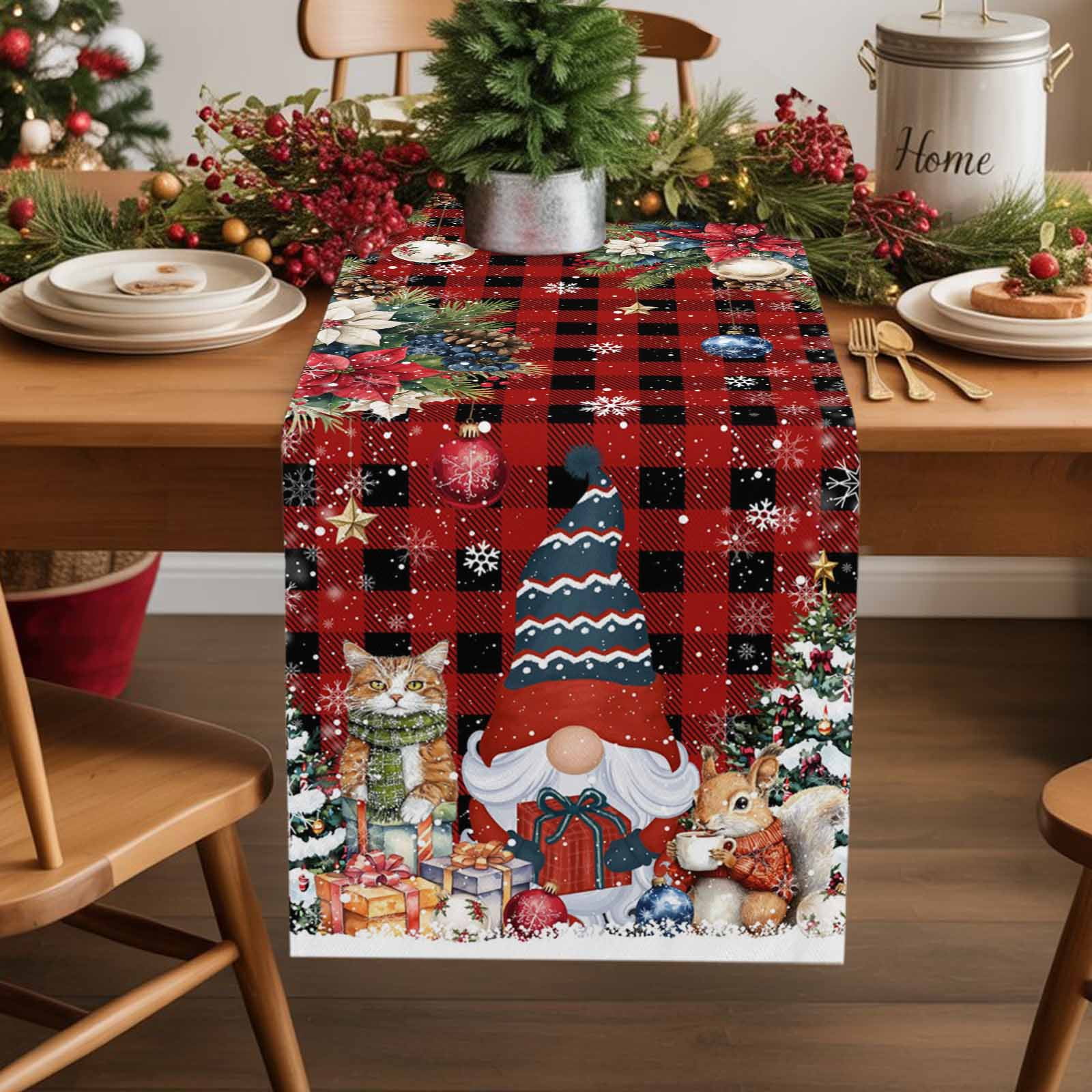 Burlap Table Runner 48 Inches Long,Red Gnome Christmas Tree Poinsettia ...