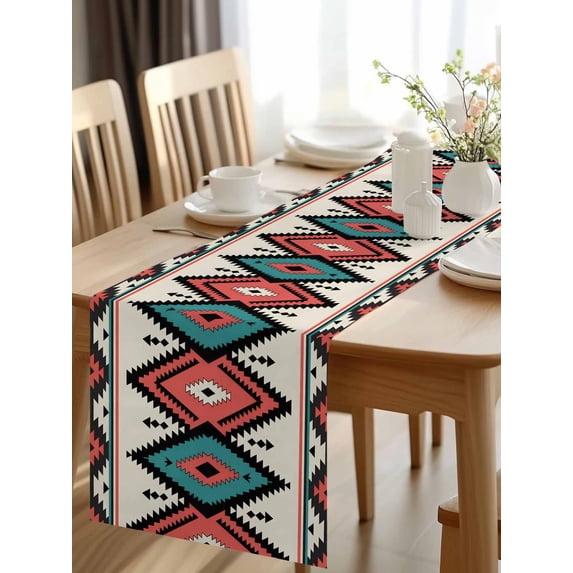 Burlap Table Runner 48 Inches Long, Red Green Aztec Geometric Art Non ...