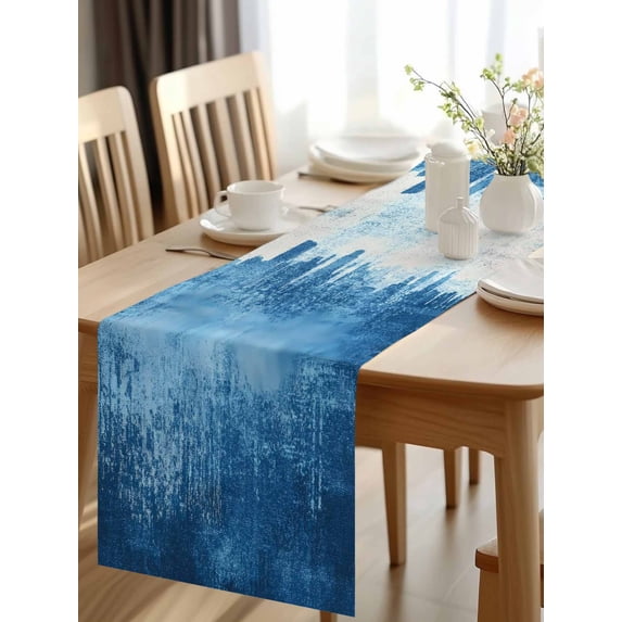 Burlap Table Runner 48 Inches Long, Retro Abstract Blue White Building ...