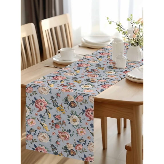 Burlap Table Runner 48 Inches Long, Retro Blossom Flower Birds Non-Slip ...