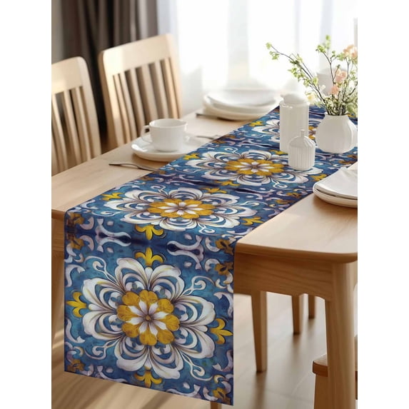 Burlap Table Runner 48 Inches Long, Retro Blue Yellow Pattern Seamless ...