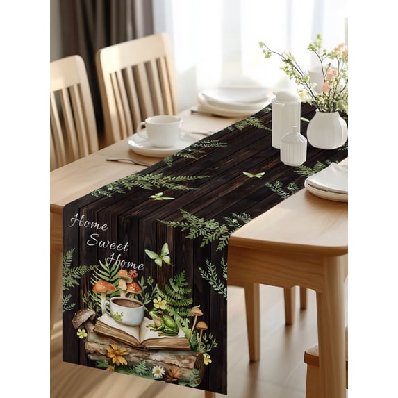 Burlap Table Runner 48 Inches Long, Retro Book Coffee Green Leaves Non ...