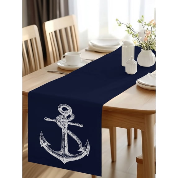 Burlap Table Runner 48 Inches Long, Retro Nautical Anchor Navy Blue Non ...