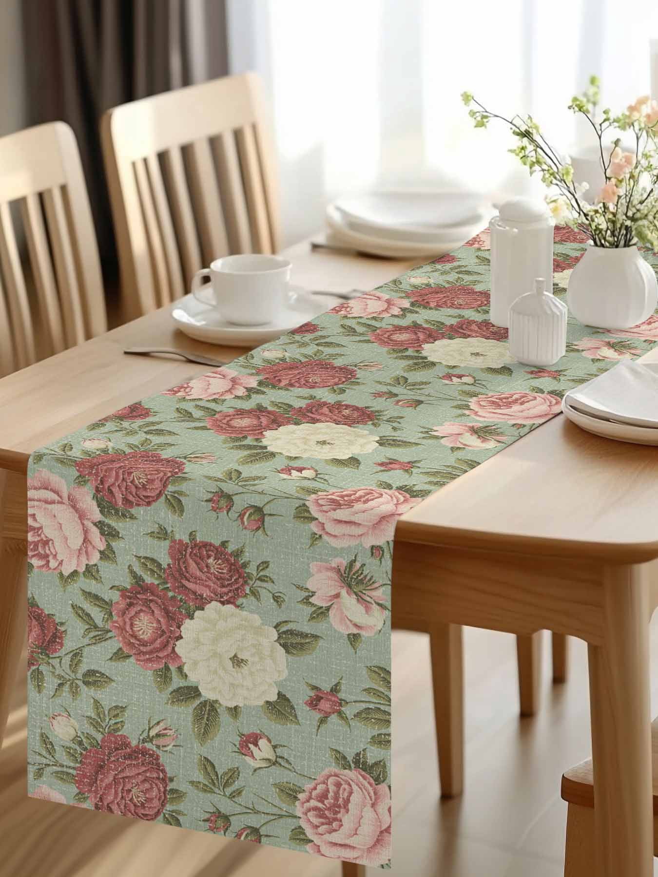 Burlap Table Runner 48 Inches Long, Retro Pink Red White Flowers Non ...