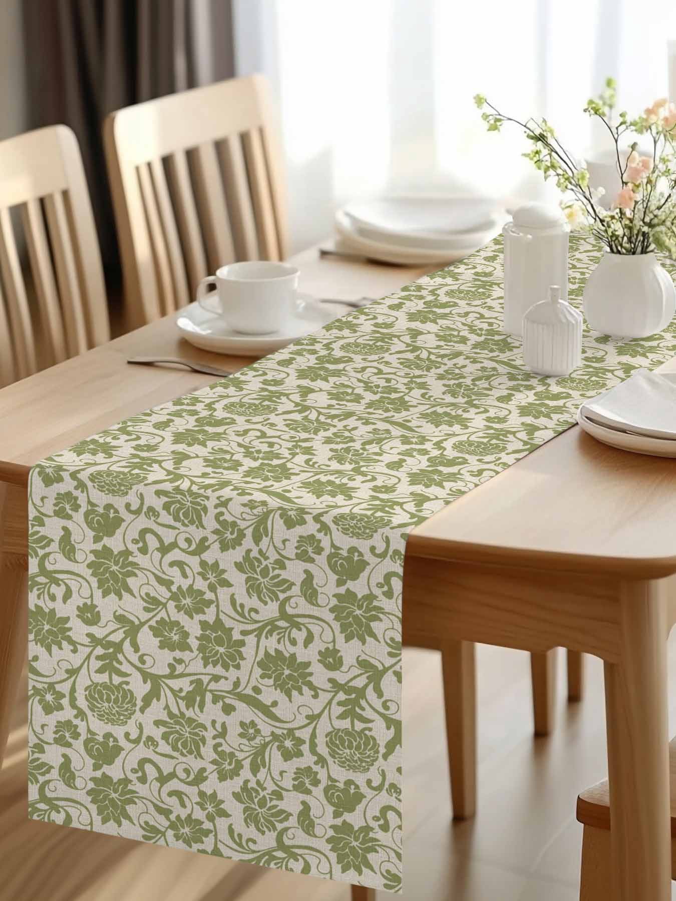 Burlap Table Runner 48 Inches Long, Rustic Green Wildflower Retro Linen ...