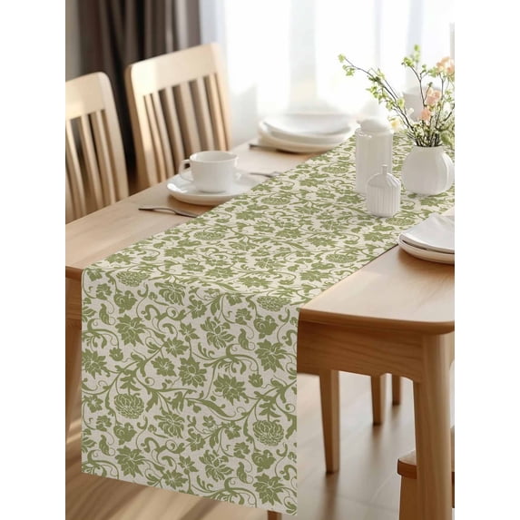 Burlap Table Runner 48 Inches Long, Rustic Green Wildflower Retro Linen ...