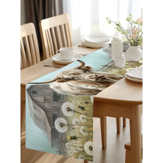 Burlap Table Runner 48 Inches Long, Rustic Highland Cow Dandelion Non ...
