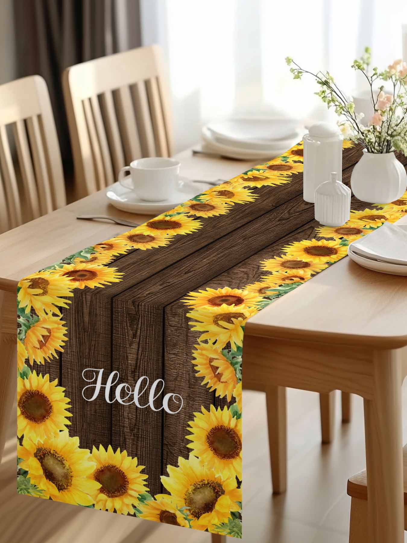 Burlap Table Runner 48 Inches Long, Rustic Sunflower Hello Text Non ...