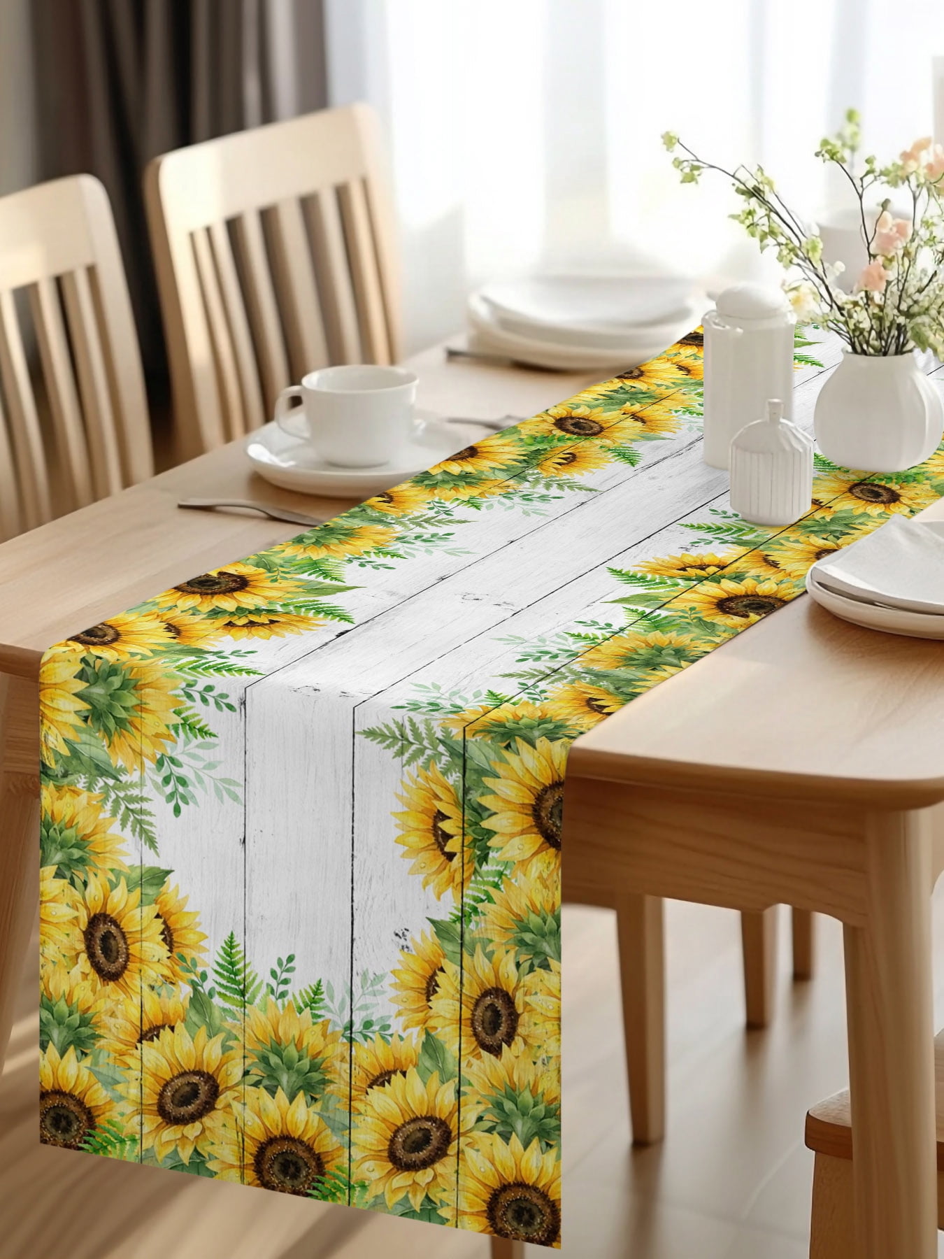 Burlap Table Runner 48 Inches Long, Rustic Watercolor Sunflower Leaf ...