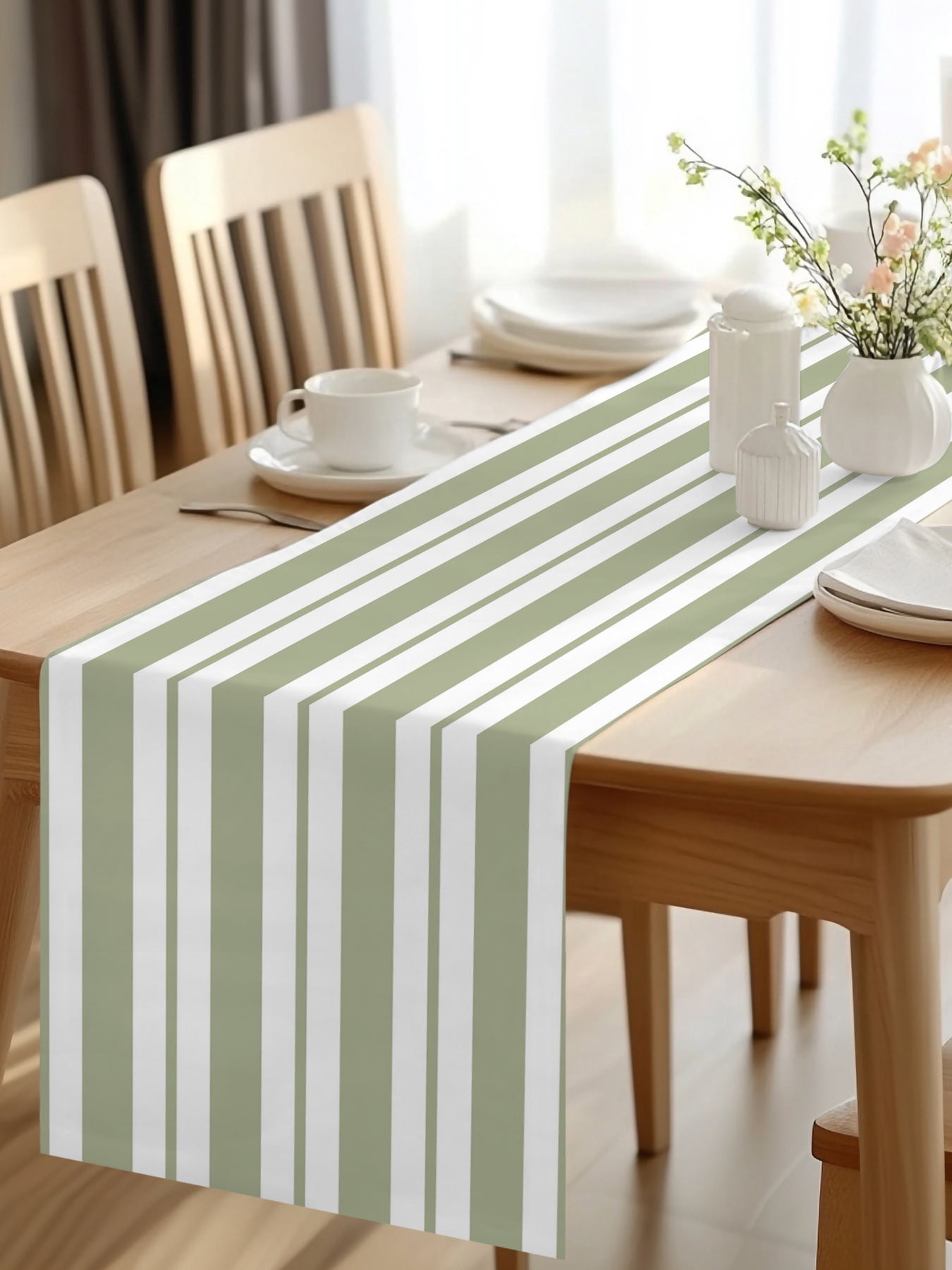 Burlap Table Runner 48 Inches Long, Sage Green Stripe Farm Style Non ...