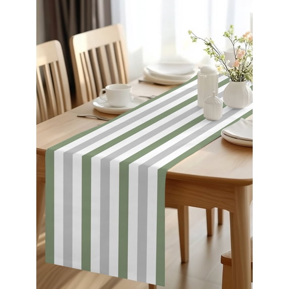 Burlap Table Runner 48 Inches Long, Sage Green Stripe Gray Line Non ...