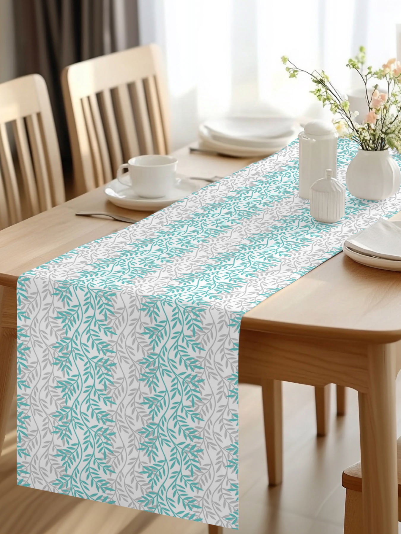 Burlap Table Runner 48 Inches Long, Seamless Teal Grey Leaves on White ...