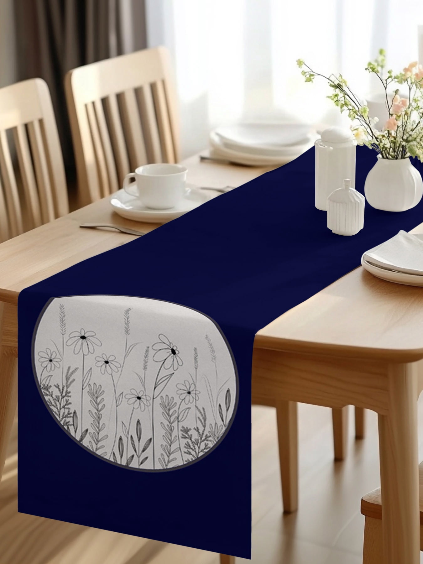 Burlap Table Runner 48 Inches Long, Sketch Flower Botanical Foliage ...
