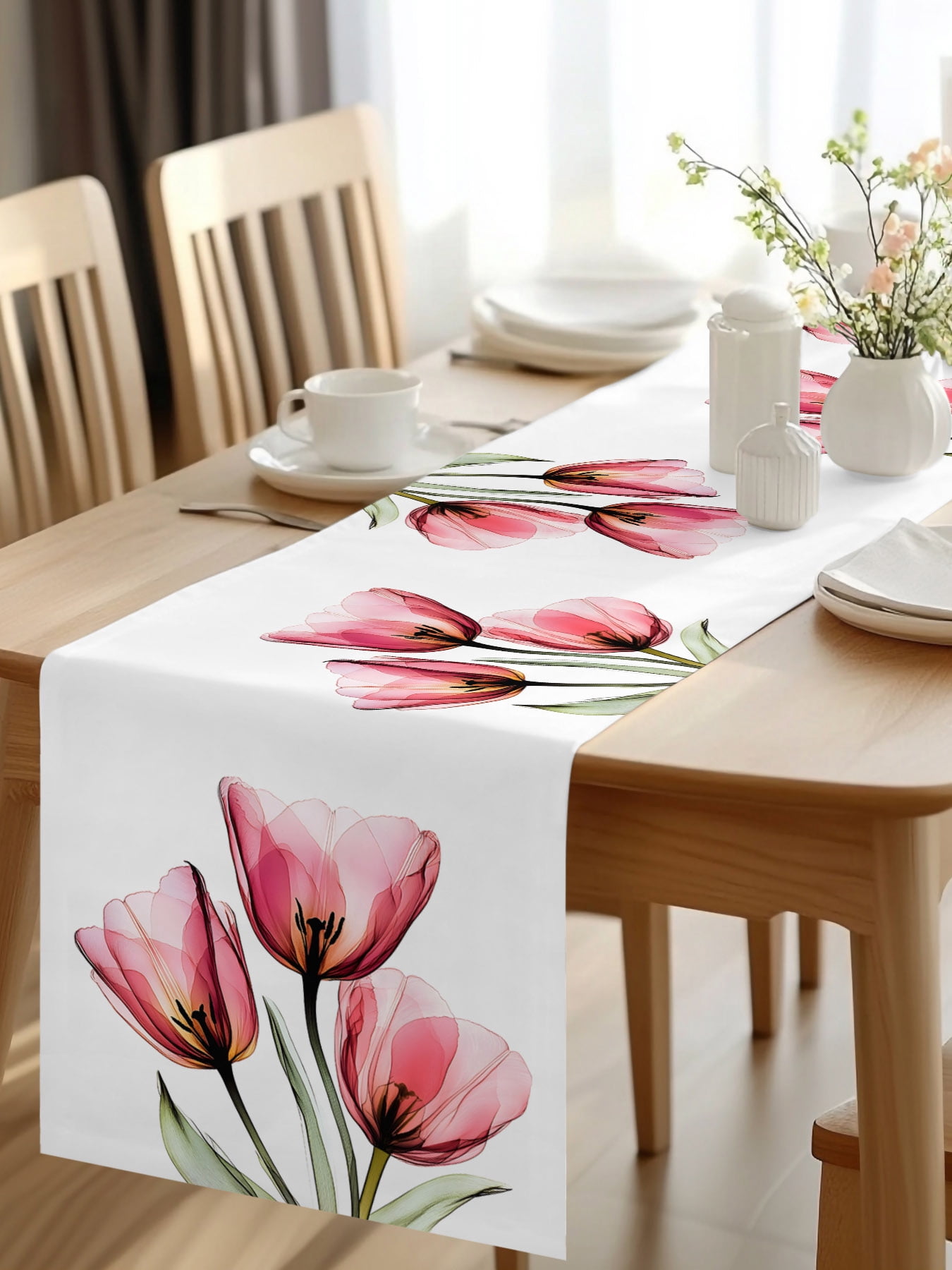 Burlap Table Runner 48 Inches Long, Spring Abstract Pink Tulips Flower ...