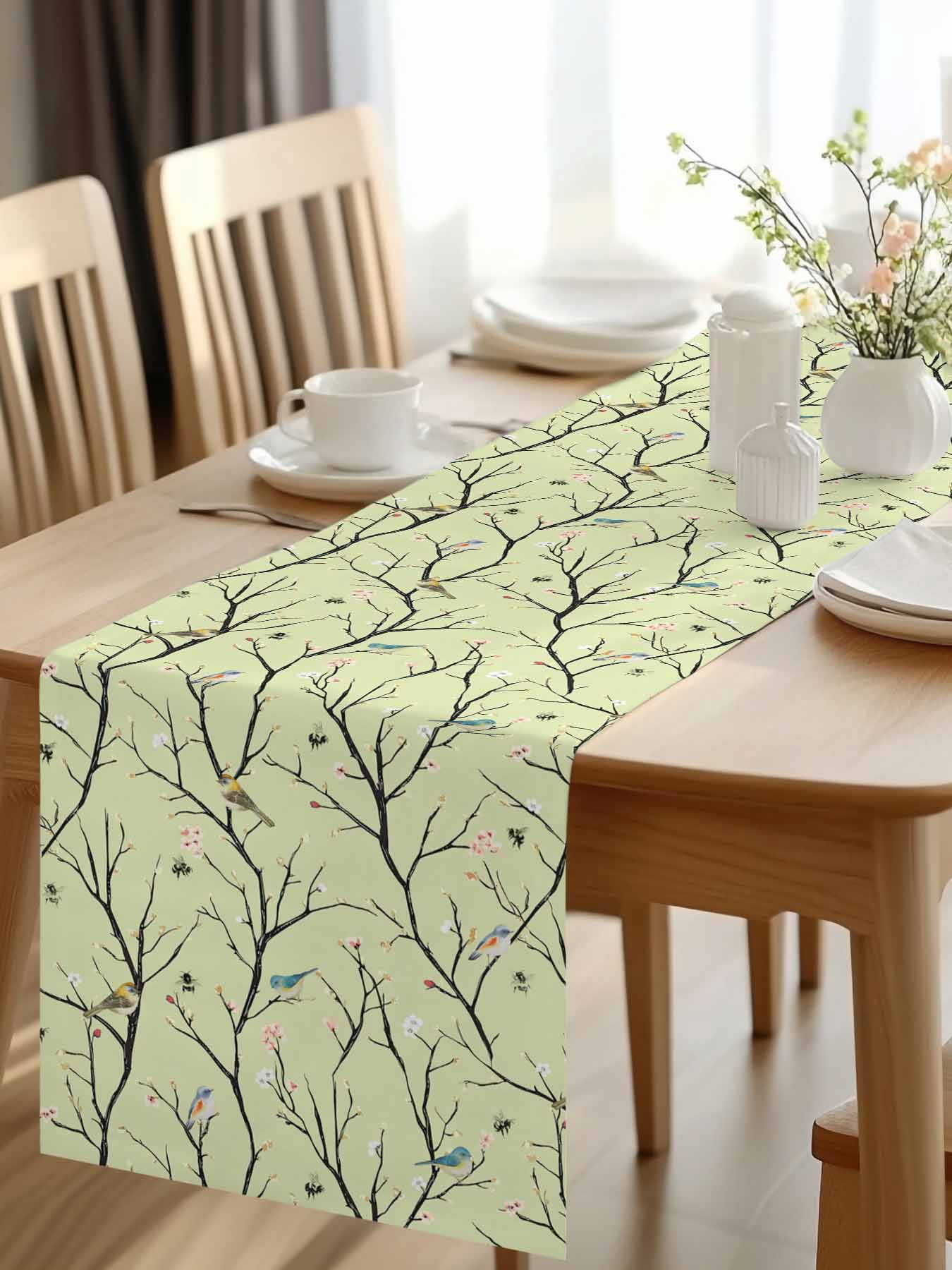Burlap Table Runner 48 Inches Long, Spring Bird Flowers Branch Non-Slip ...