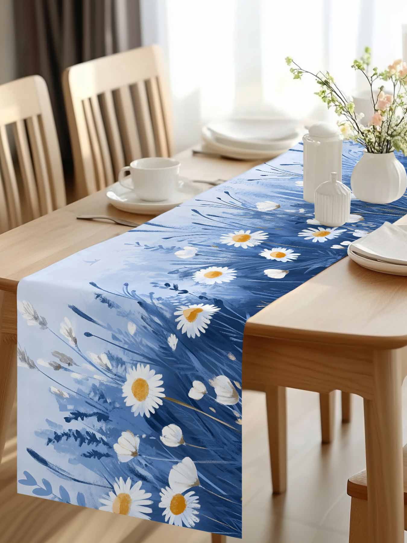 Burlap Table Runner 48 Inches Long, Spring Daisy Flower Blue Leaves Non ...