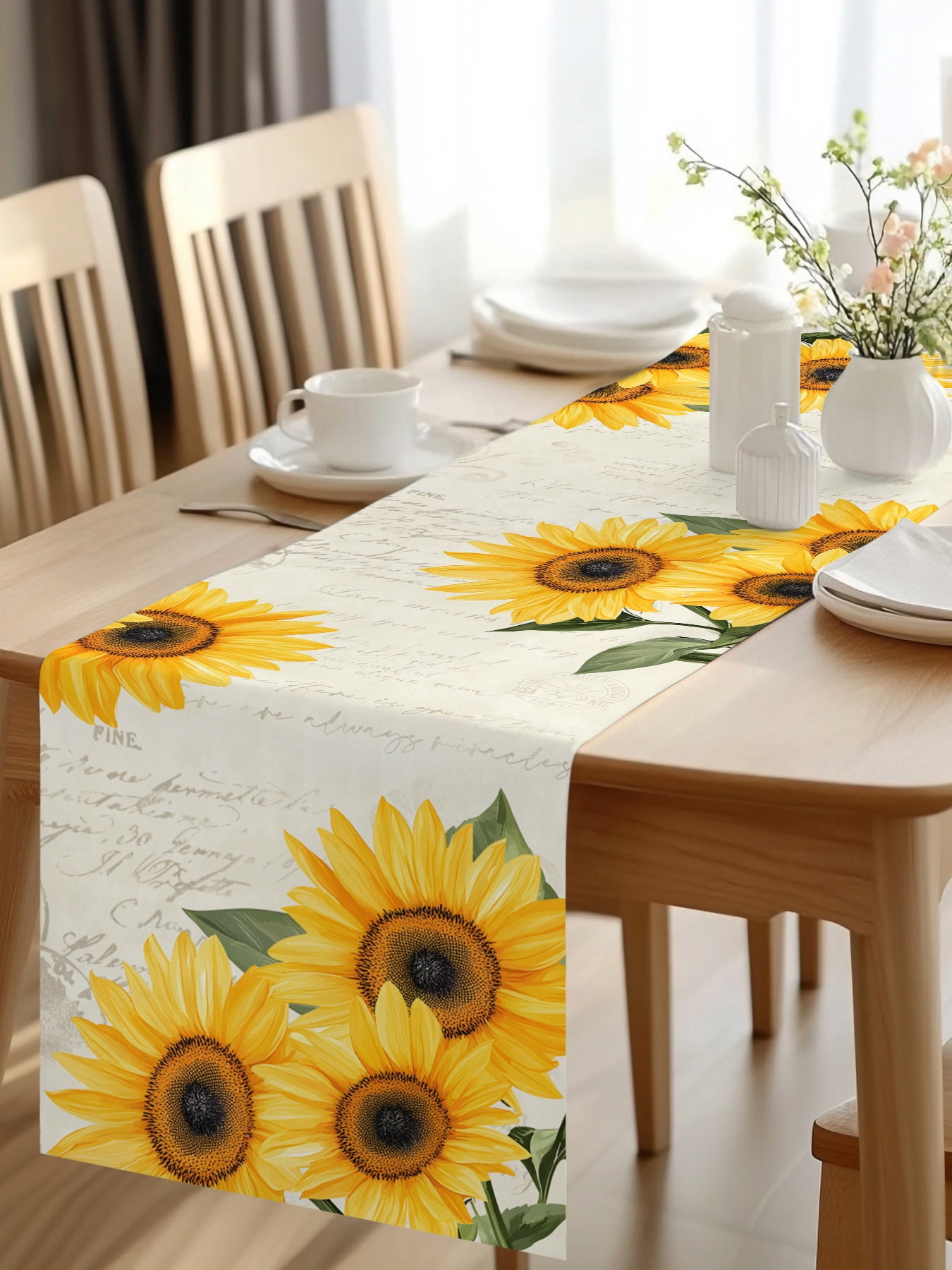 Burlap Table Runner 48 Inches Long, Spring Farm Watercolor Sunflower ...