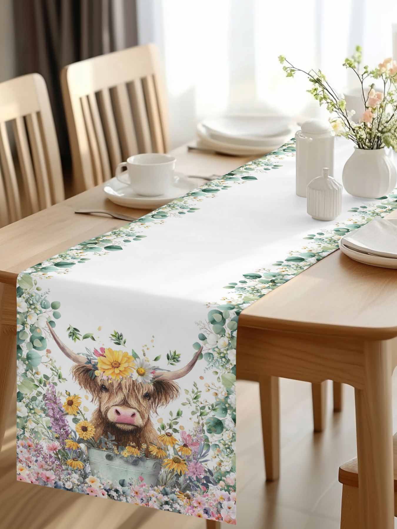 Burlap Table Runner 48 Inches Long, Spring Flower Eucalyptus Leaf Non ...