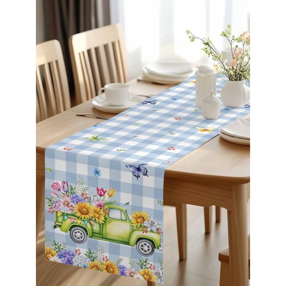 Burlap Table Runner 48 Inches Long, Spring Flower Green Farm Truck Non ...