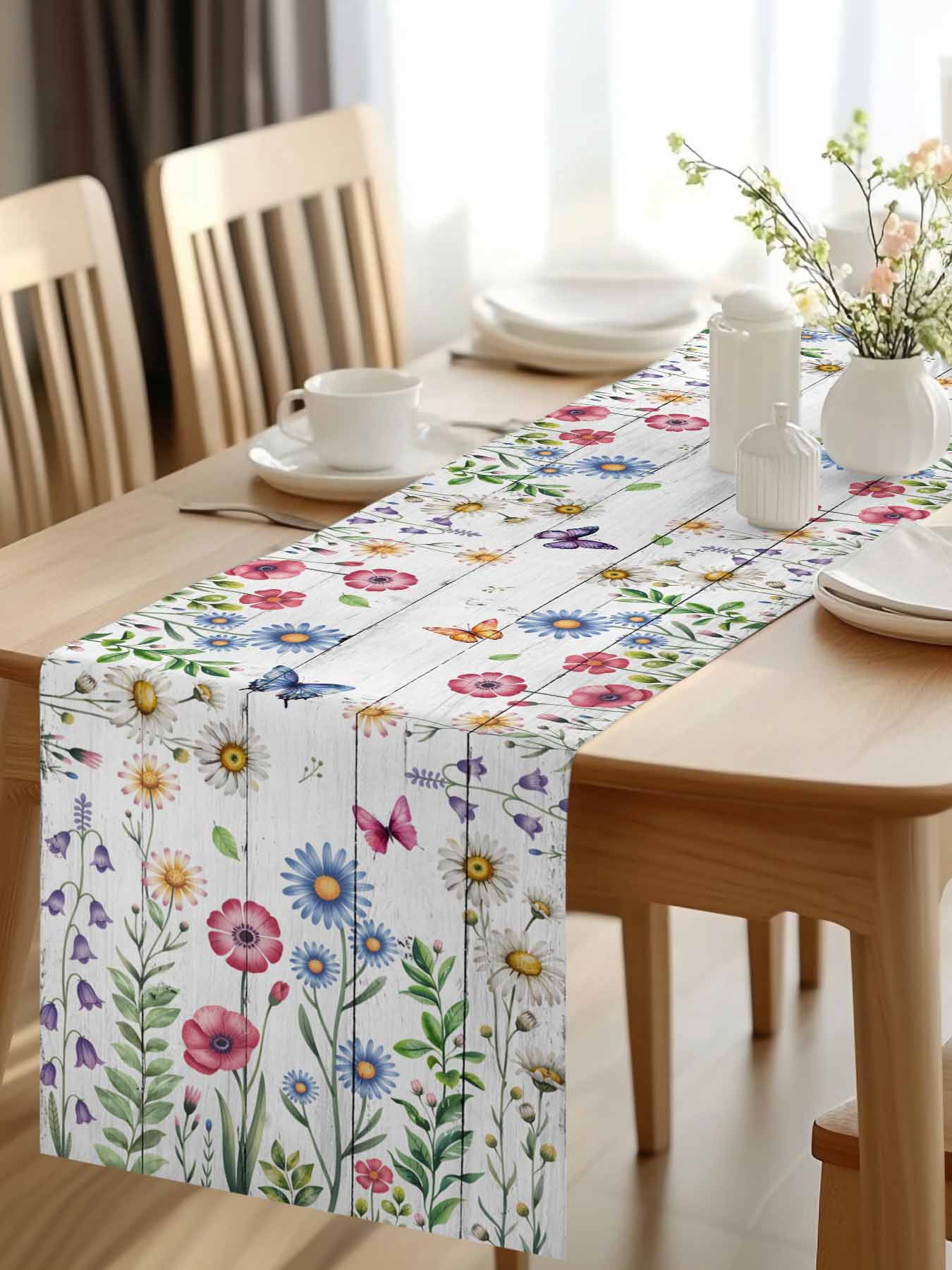 Burlap Table Runner 48 Inches Long, Spring Flower Leaf Butterfly Non ...