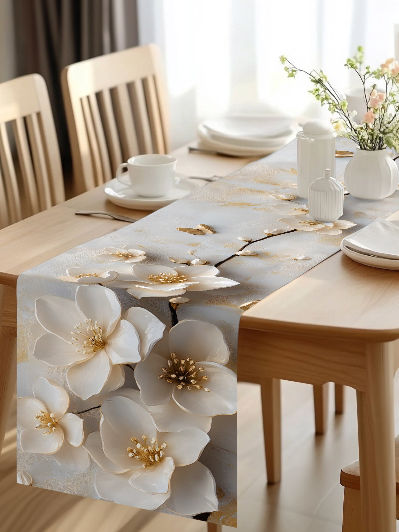 Burlap Table Runner 48 Inches Long, Spring Flower White Tulip Non-Slip ...