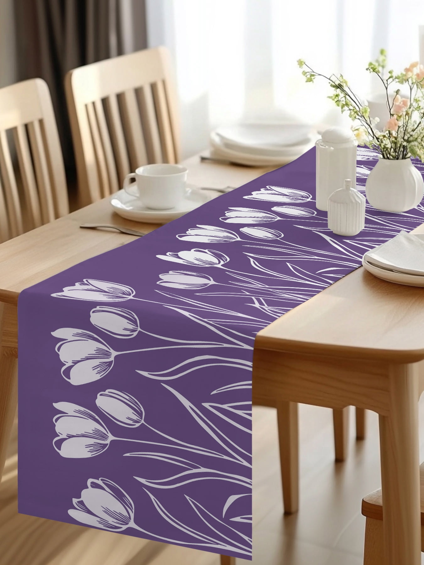Burlap Table Runner 48 Inches Long, Spring Garden Tulip on Purple Non ...