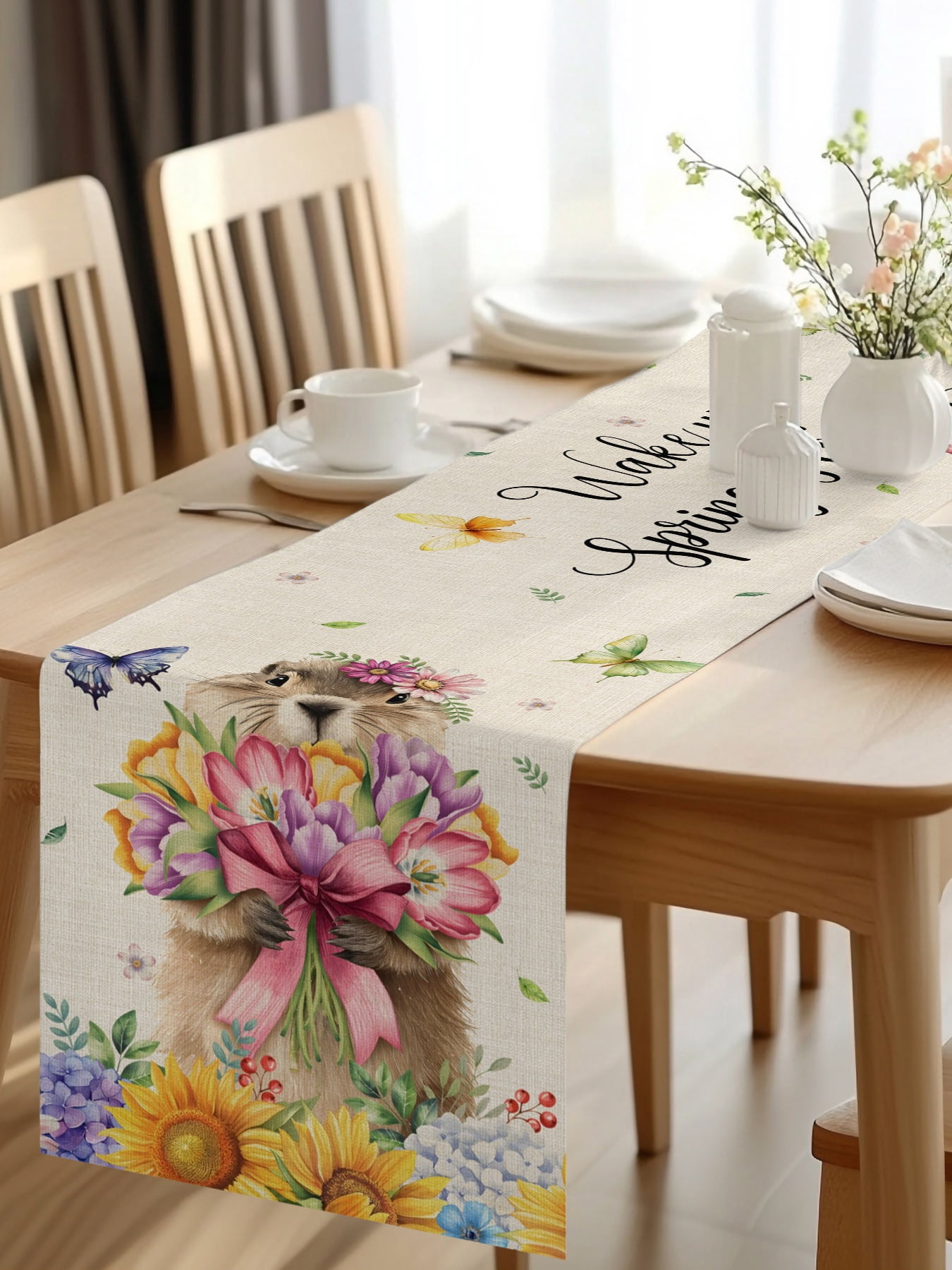 Burlap Table Runner 48 Inches Long, Spring Groundhog Tulip Butterfly ...
