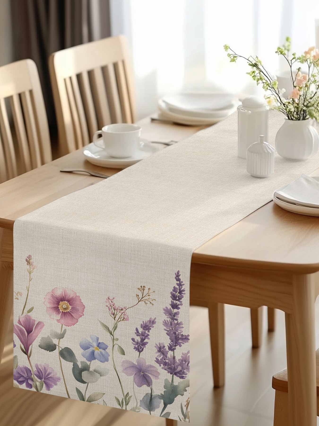 Burlap Table Runner 48 Inches Long, Spring Idyllic Flowers Lavender on ...